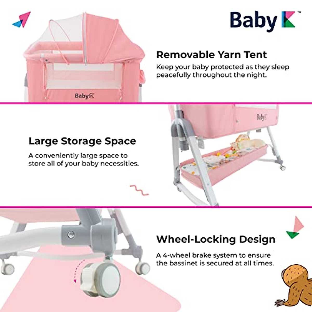 BABY K Baby Bassinet Bedside Sleeper (Pink) - 3 in 1 Bedside Bassinet Crib Attach To Bed - Convertible Bassinet With Breathable Attached Mesh Side and Mattress - Baby Co Sleeper For Bedside For Infant