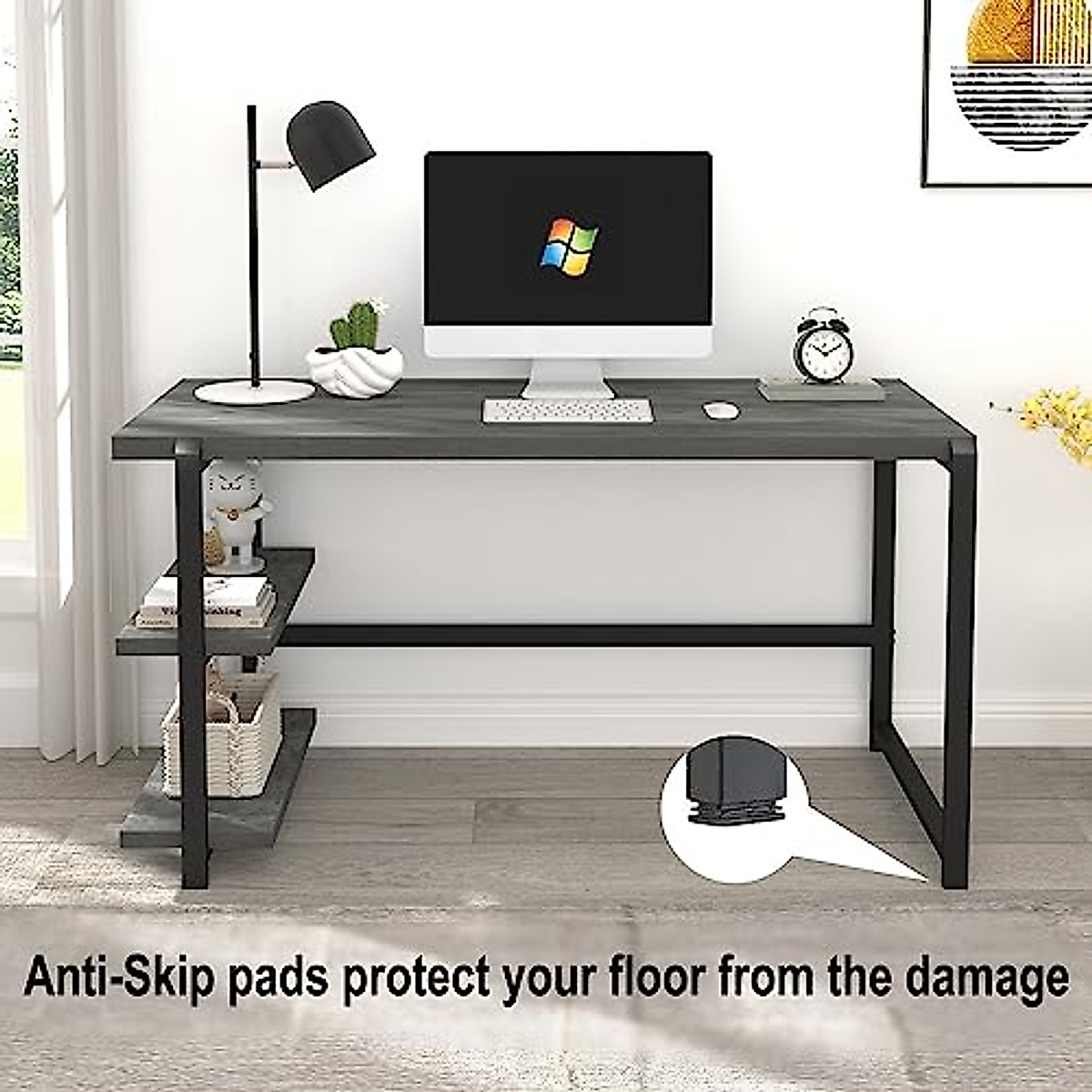 EXCEFUR Industrial Computer Desk with Shelves, 55 inch Rustic Wood and Metal Work Study Writing Table for Home Office, Grey