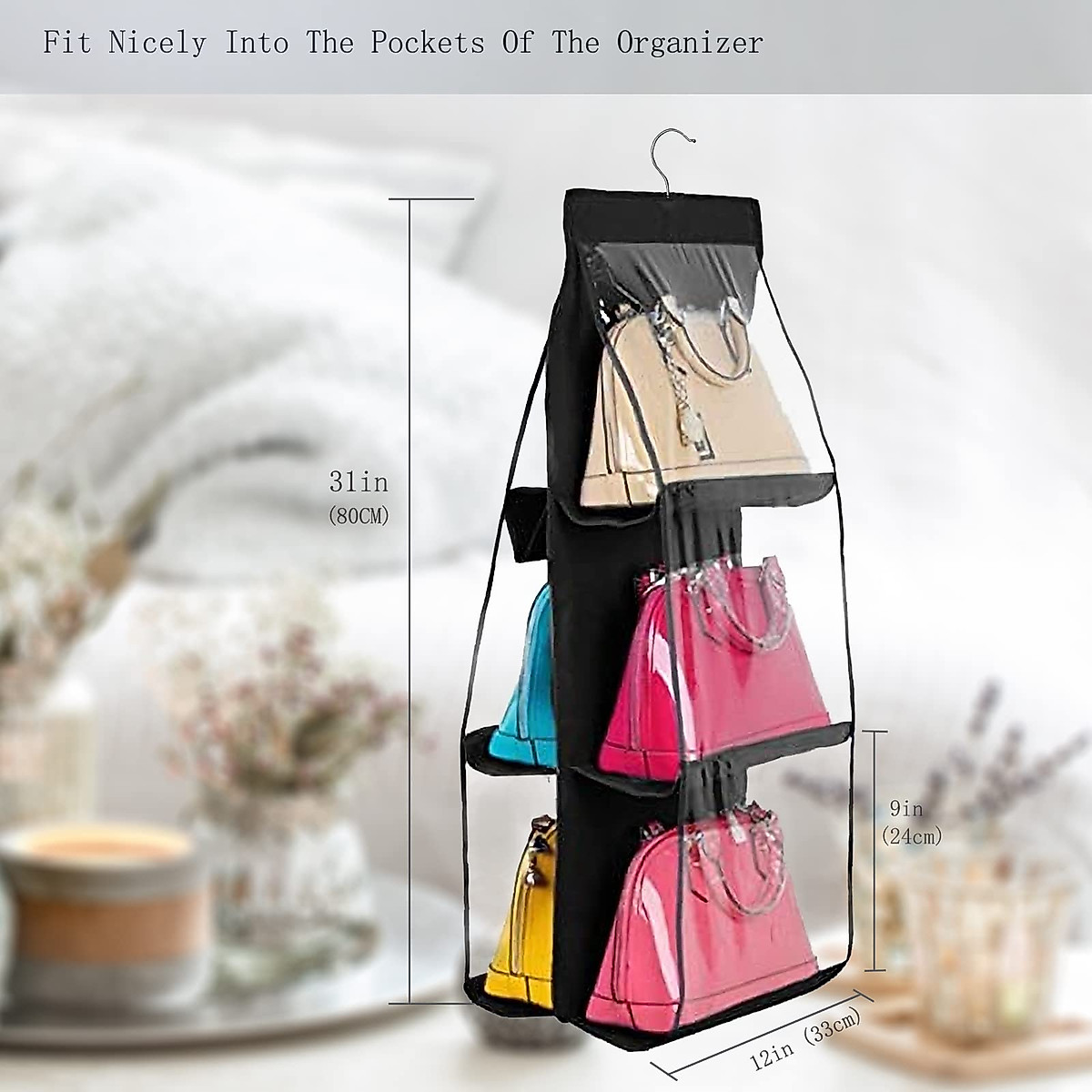 FAJYAZ Purse Organizer for Closet, Handbag Organizer with 6 Large Transparent Pockets, Washable Purse Organizer Storage(Black)