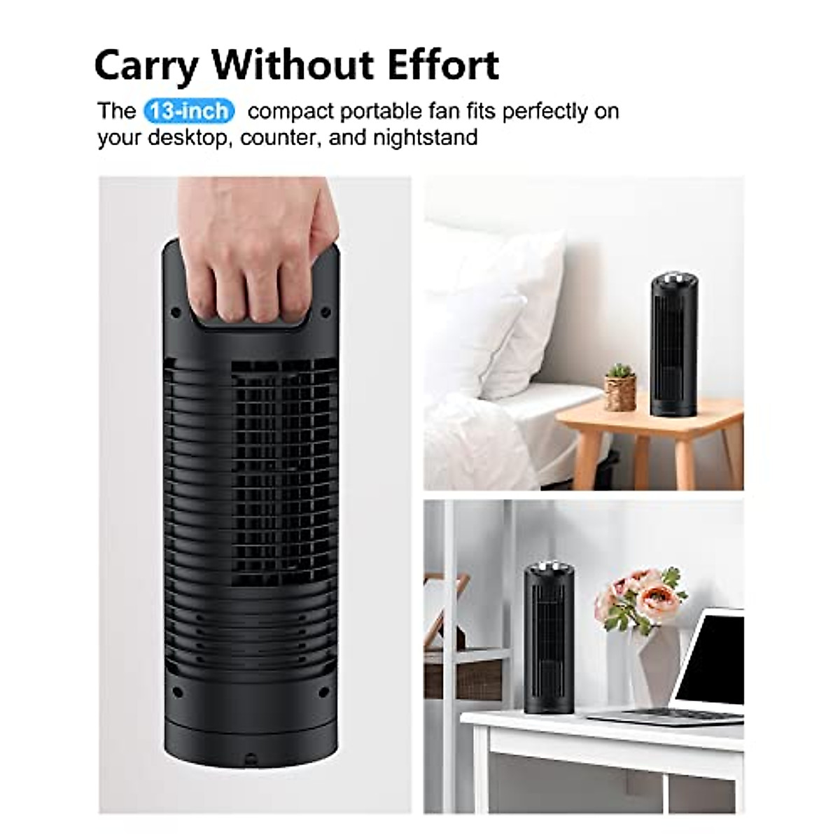 Cofeow Tower Fan, 2023 New Portable Electric Desk Fan, 70°Oscillating, 20ft/s Quiet Cooling, 13 Inch, Standing Table Fan with 3 Modes, Bladeless fan for Bedroom, for Office Desktop Deep Black