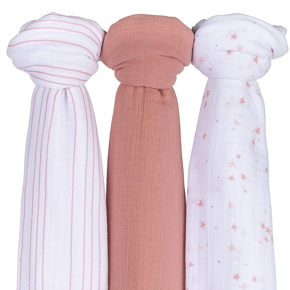 Ely's & Co. Muslin Swaddle Blanket 3-Pack for Baby Girl — 100% Cotton Muslin Extra-Large Swaddle Blankets (47” x 47”) — (Mauve Pink Stars │ Solid Dusty Rose │ Dusty Rose Stripes)