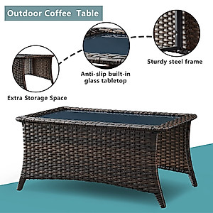 Pugire Patio Table Outdoor Coffee Tables - Rattan Wicker Coffee Table with Glass Top and 2-Tier Storage Shelf Rectangle for Outdoor Patio Porch Deck Balcony Garden(Brown/Glass Top)