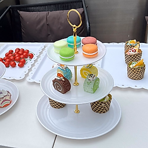 RAUVOLFIA 2 Pack Small Dessert Cupcake Stand, 3 Tier Cup Cake Holder Tower for Tea Party/Birthday/Wedding, Plastic Tiered Serving Tray (Gold Metal Rod)