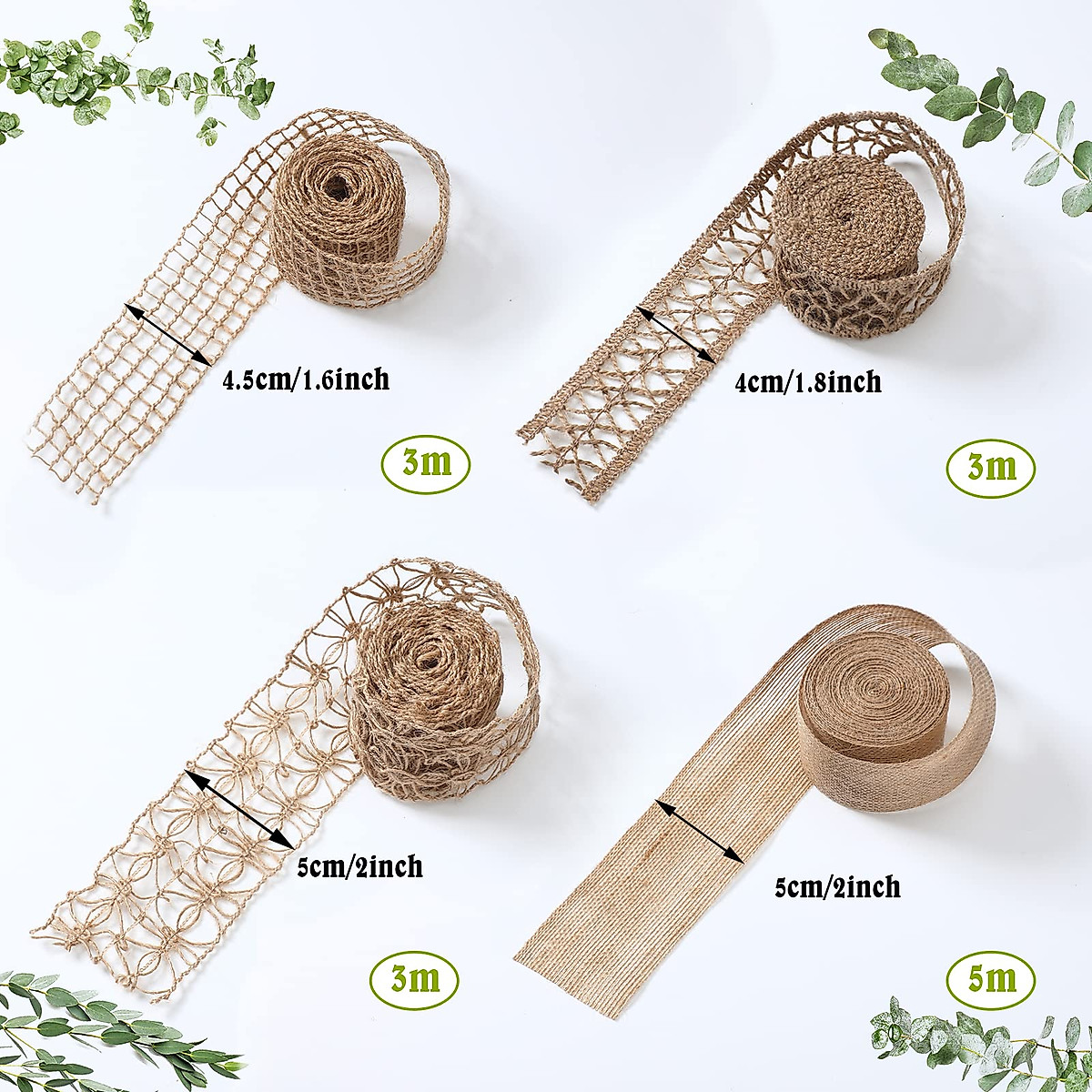 4 Rolls Burlap Ribbon Natural Jute Burlap Lace Mesh Weeding Trim Craft Wrapping Ribbon for Holiday Party DIY Handmade Artist Home Decor Packaging