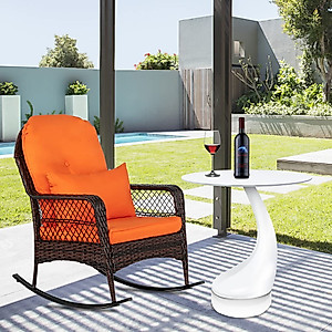 VINGLI Patio Wicker Rocking Chairs with Cushions, Outdoor Rattan Patio Rocker Chairs, Patio Wicker Furniture for Porch Deck Garden Backyard Brown & Orange