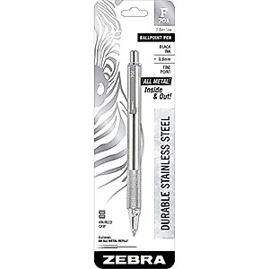 Zebra 29411 F-701 Ballpoint Stainless Steel Retractable Pen, Fine Point, 0.8mm, Black Ink (4)