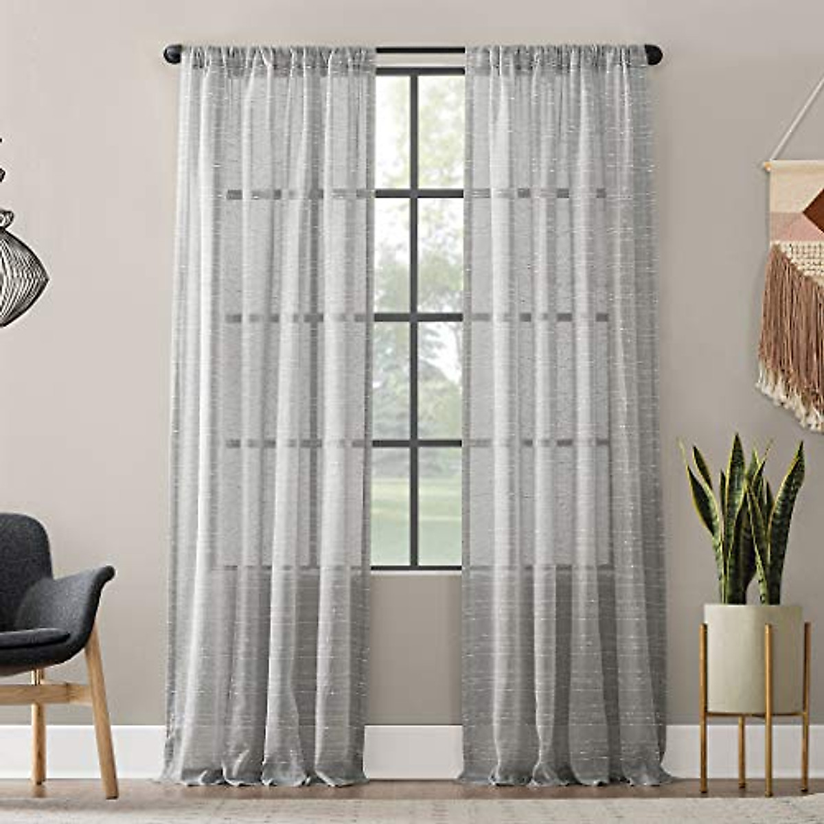 Clean Window Textured Slub Stripe Anti-Dust Allergy/Pet Friendly Sheer Curtain Panel, 52" x 95", Gray