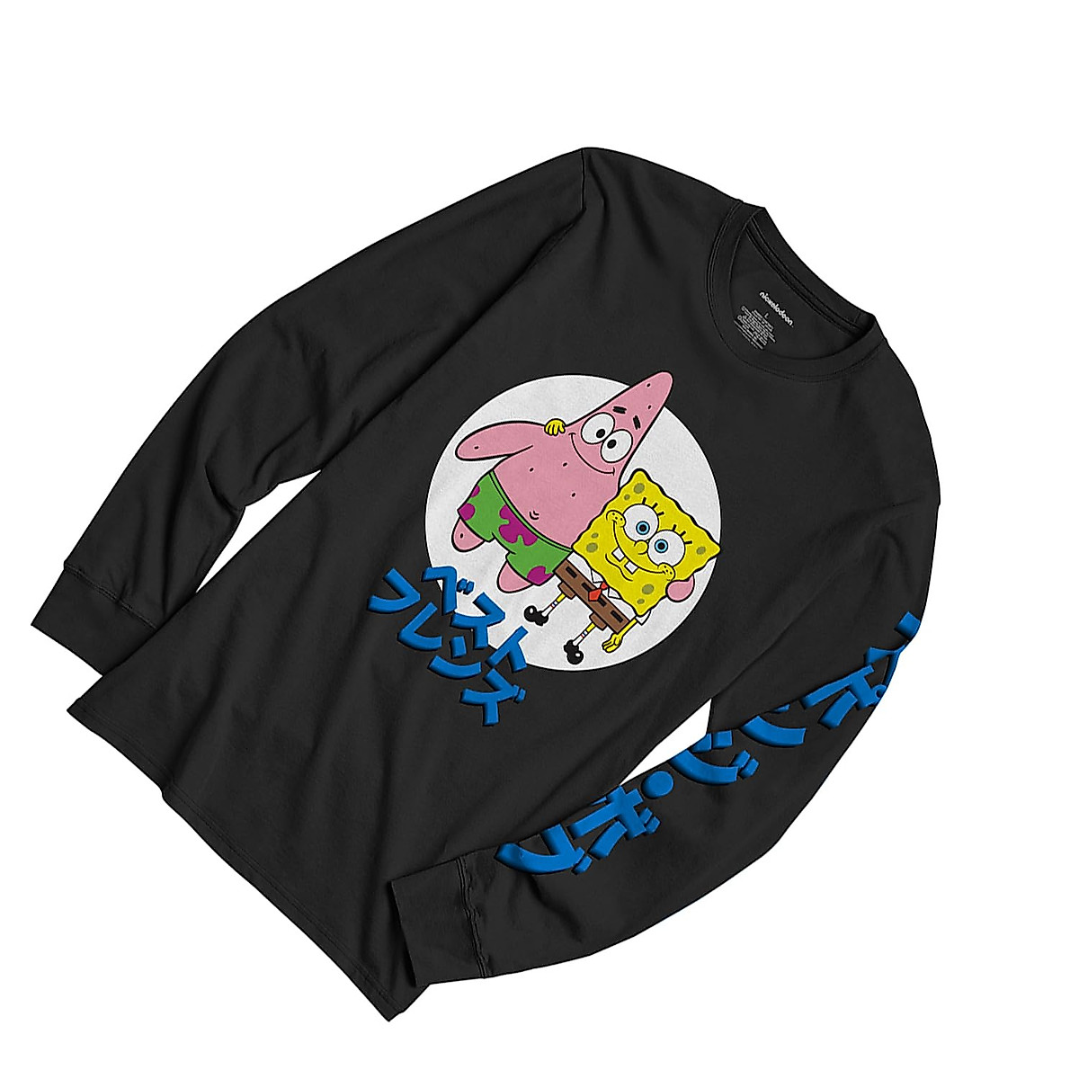 Mens Spongebob Squarepants Shirt - Spongebob, Patrick & Krusty Krab Long Sleeve Tee (Black Kanji, Medium)