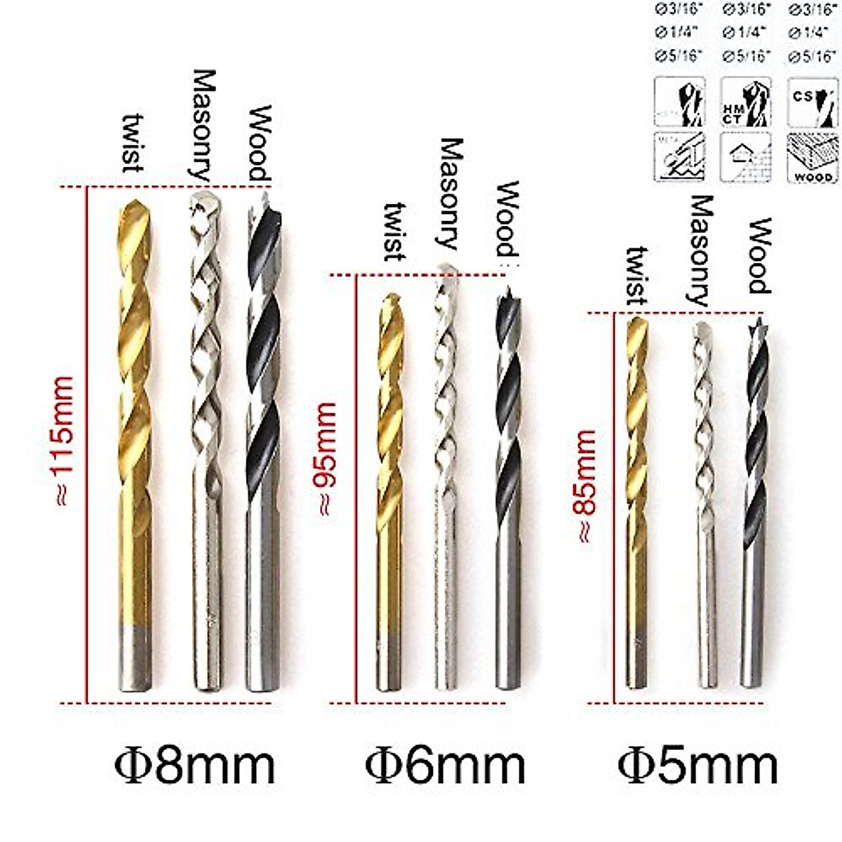 9pcs Twist Wood Masonry Drill Bits Set Concrete Anchors Screws Assortment Kit