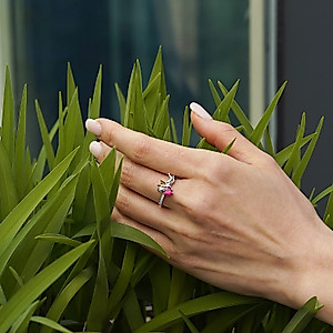 Jewelili Hallmark Fine Jewelry Sterling Silver and 14K Yellow Gold 5 MM Heart Cut Created Ruby and Natural White Round Diamond Accent Flying Cupid Ring, Size 6