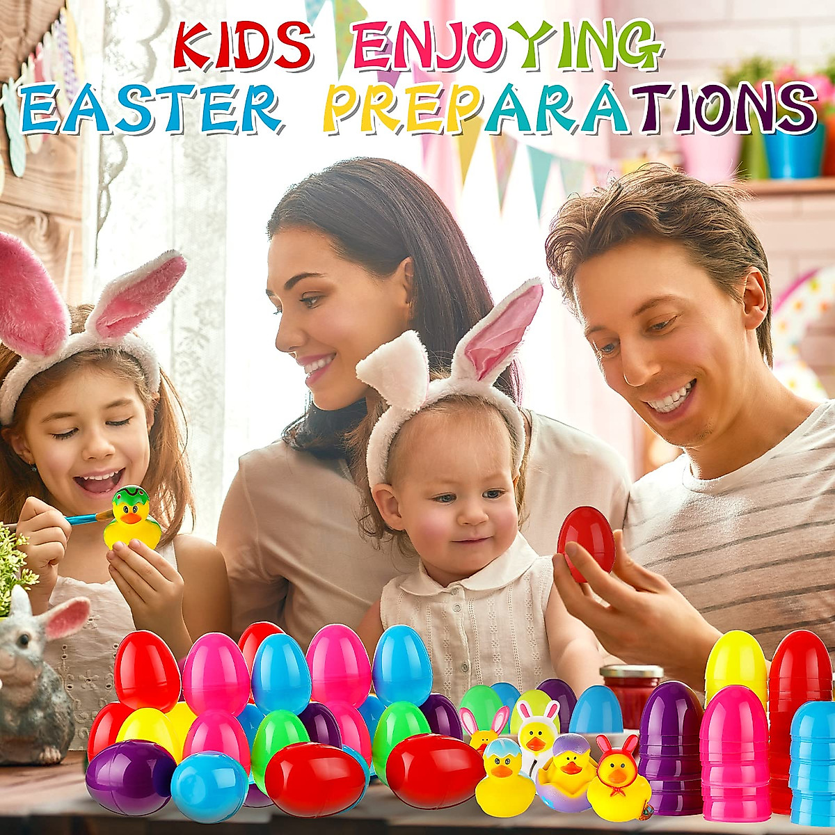 28 Sets Easter Eggs Filled with Rubber Duck, Plastic Egg Prefilled with Assorted Rubber Duck Multicolor Bunny Small Duck for Bathtub Toys, Easter Basket Stuffers and Party Favors, Class Prizes, 56 Pcs