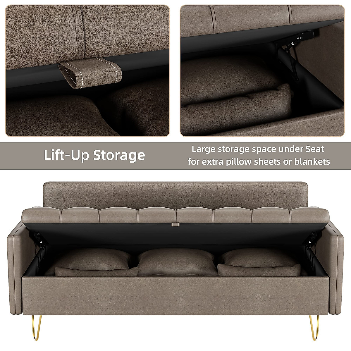 GAOMON Faux Leather Sofa, Couches with Metal Gold Legs, Lift-up Storage Box, and Hand Stitched Details - Versatile for Living Room or Bedroom in Dark Brown