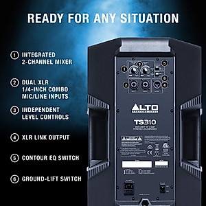 Alto Professional TS310 | 2000 Watt 10 Inch 2 Way Powered PA Speaker with Integrated 2-Channel Mixer and Pole or Wedge Positioning Options