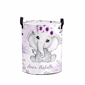 Personalized Laundry Basket, Floral Purple Elephant Custom Storage Bins Laundry Hamper with Name Collapsible Toys Organizer Gift