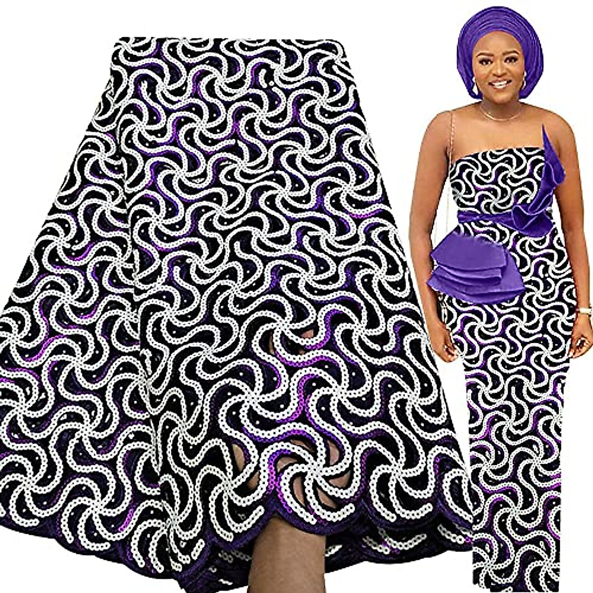Bestway Lace Sequin African Lace Fabric 5 Yards Handcut Lace Luxury Nigerian Wedding Party Asoebi Fabrics Material (Purple)
