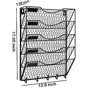 COSYAWN 5 Tier Wall File Holder with Hook, Hanging Mail Organizer Metal Chicken Wire Wall Mount Magazine Rack with Label Panel, Black