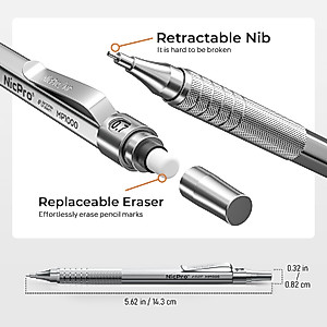 Nicpro 2 PCS Mechanical Pencils 0.5mm & 0.7 mm with Case, Metal Artist Pencil Set with 4 Tubes HB Lead Refills, 2 Erasers, 9 Eraser Refills For Art Writing Drafting, Drawing, Sketch, Silver
