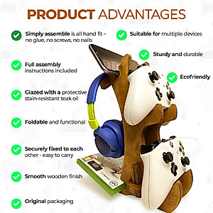 ROSTMARYGIFT Wooden Controller Stand - Dual Game Controller Holder, Headphone Hanger and Phone Stand - Universal Gaming Acessories and Gamer Gift - Portable Headset Storage Organizer
