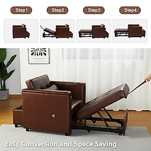 AVZEAR Sofa Bed, 4-in-1 Convertible Single Sofa Chair Bed with Pillow, Multi-Functional Sleeper Sofa Bed with Adjustable Backrest, Modern PU Sleeper Chair Bed for Apartment Small Space, Brown