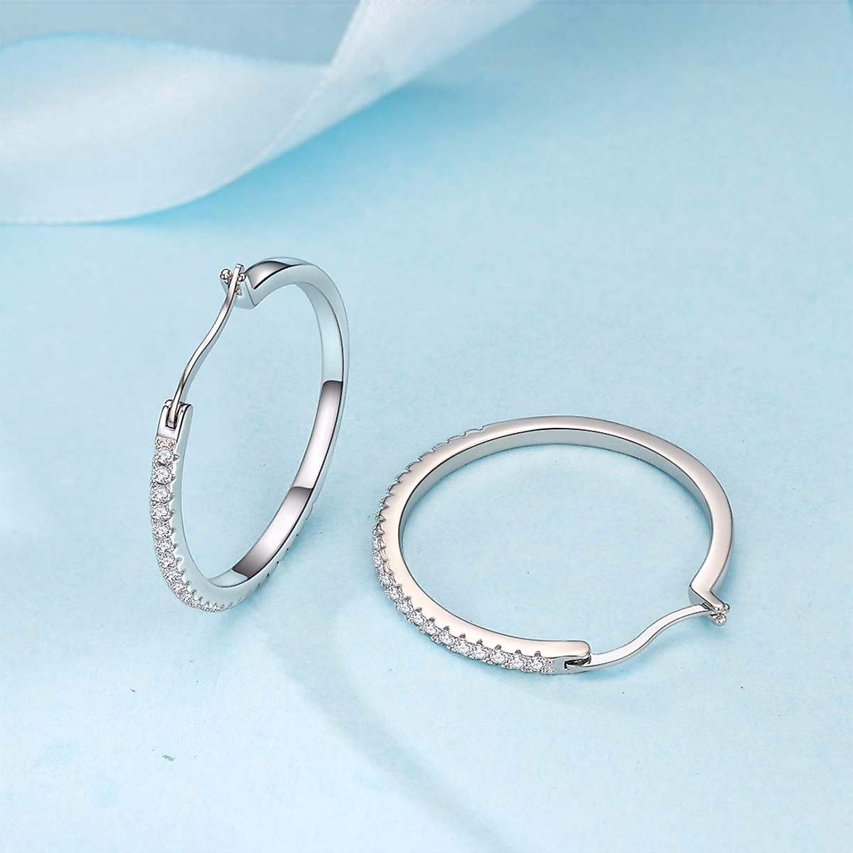 925 Sterling Silver hoop earrings for women cubic zirconia Paved Zircon large CZ big hoops earrings for women Jewelry (40mm Hoop Earring)