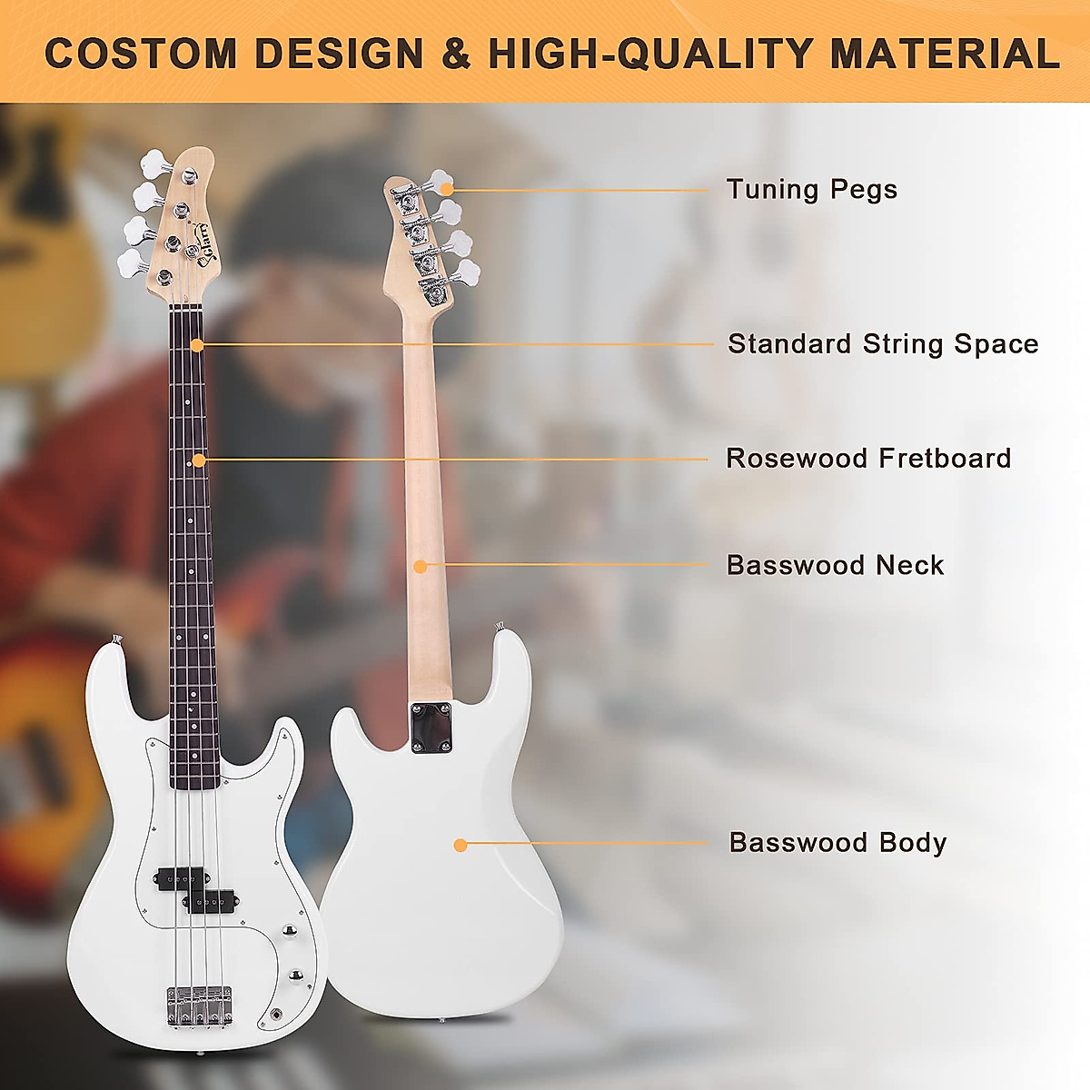 GLARRY Full Size Electric Bass Guitar with 20W AMP, 4 String Beginner Starter Kit with Accessories including Cable, Strap, Bag for Kids and Adults (White)