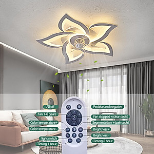 HuixuTe Ceiling Fan with Lights Remote Control, 3 Colors, 6 Speeds, 24" Geometric Bladeless Ceiling Fan, White Low Profile Ceiling Fan with Light for Kitchen Bedroom