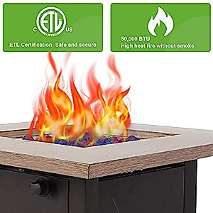 LEGACY HEATING Propane Fire Pit Table 28 inch Outdoor Gas Fire Pit Table, 50,000 BTU Steel 28" Fire Table with Lid and Lava Rock, Square Beige and Black Firepit Table for Outside Patio Backyard Garden