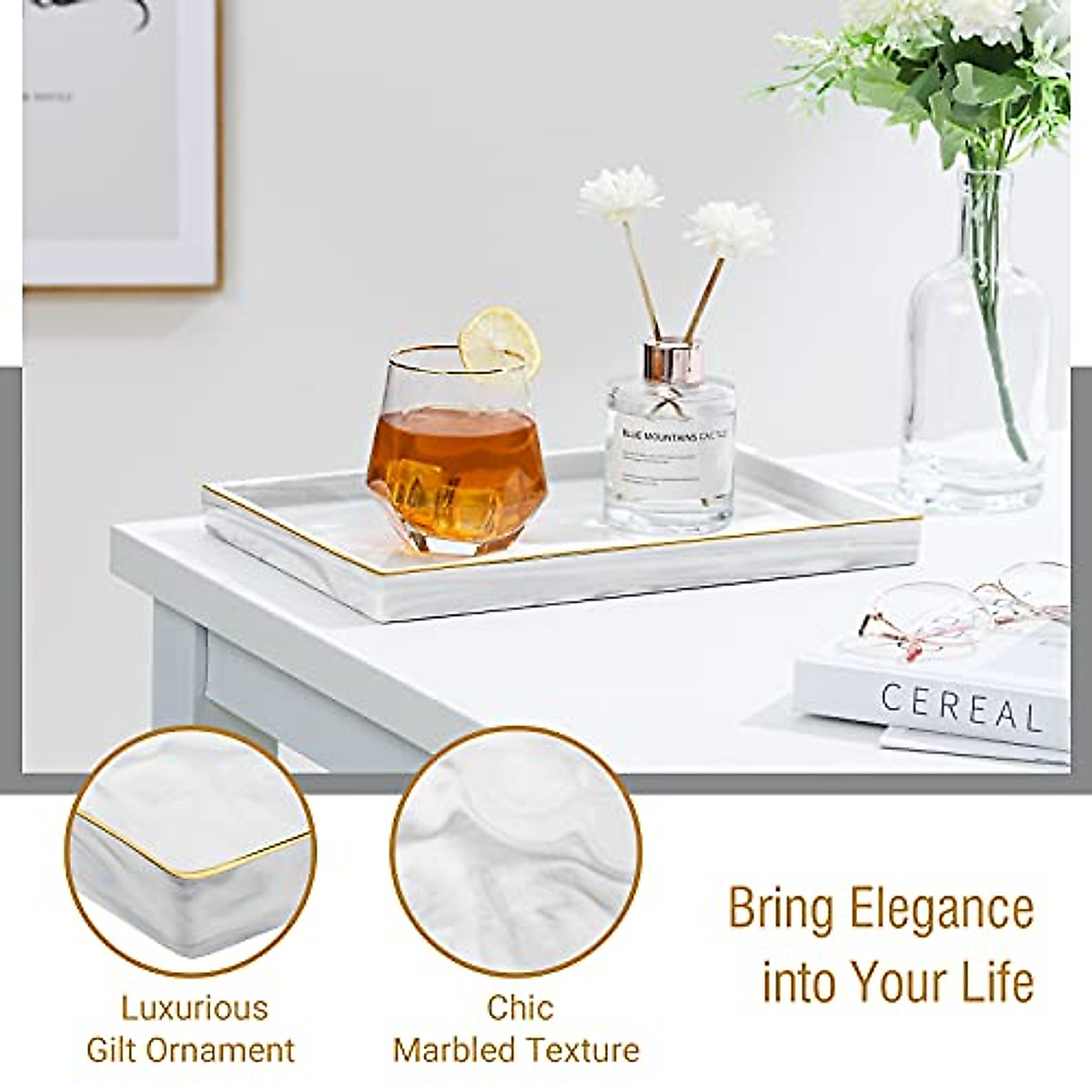 Shinowa Ceramic Vanity Tray, Bathroom Counter Tray Marble Finish Perfume Tray Rectangle Decorative Tray for Vanity Dresser Bathroom Countertop Living Room Kitchen, Large Size - Marble White