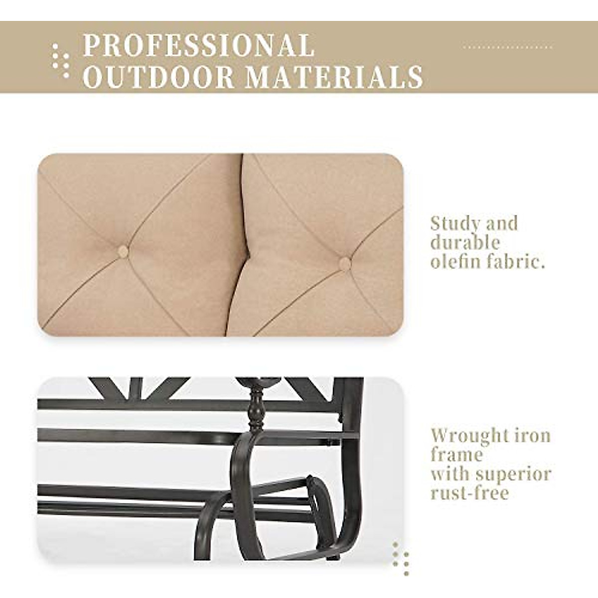 Patiomore Outdoor Loveseat Patio Swing Glider Bench 2 Seats Rocking Chair, Wrought Iron Chair Set with Brown Cushion