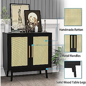 RESOM Black Rattan Accent Storage Cabinet, Sideboard Buffet Cabinet with Rattan Doors, Modern Wood Cabinet for Living Room, Dining Room, Kitchen, Entryway and Hallway