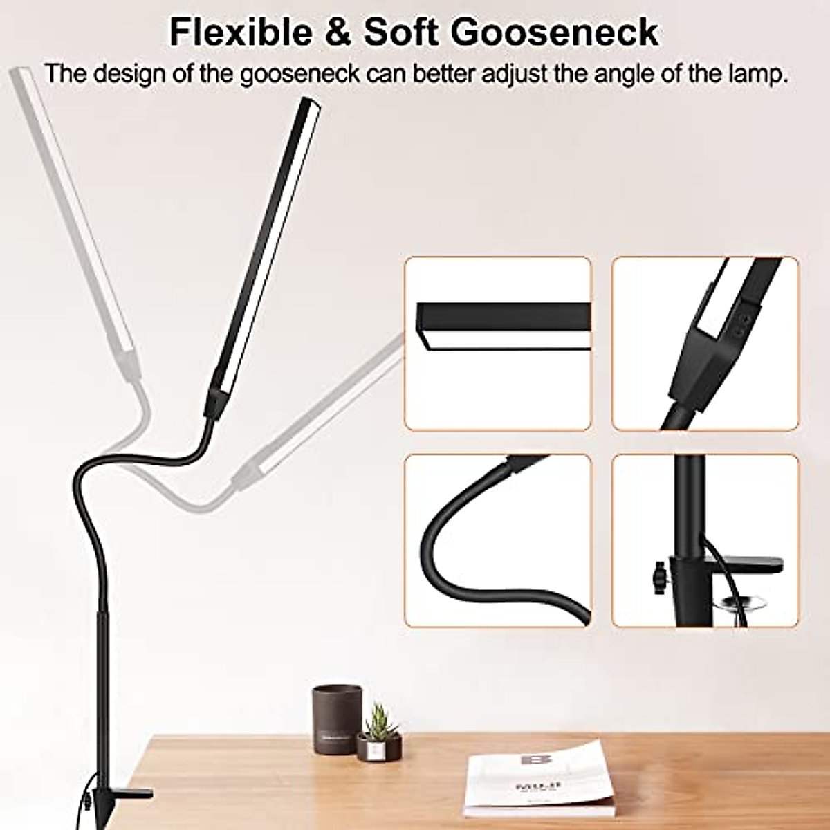 LED Desk Lamp with Touch Control, Gooseneck Clamp Lamp, Desk Light for Home Office, 3 Modes Stepless Dimmable Workbench Light for Working, Study, Reading, Dorms, Nightlight