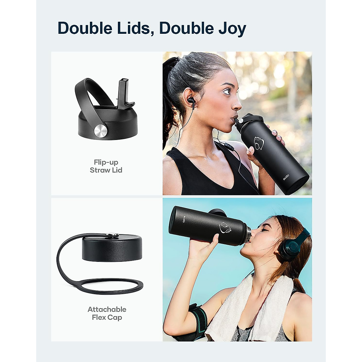 BUZIO Double Wall Stainless Steel Sports Wide Mouth Water Bottle, BPA-Free Flex Cap and Straw Lid, 40 Ounces & 32 Ounces Water Bottle