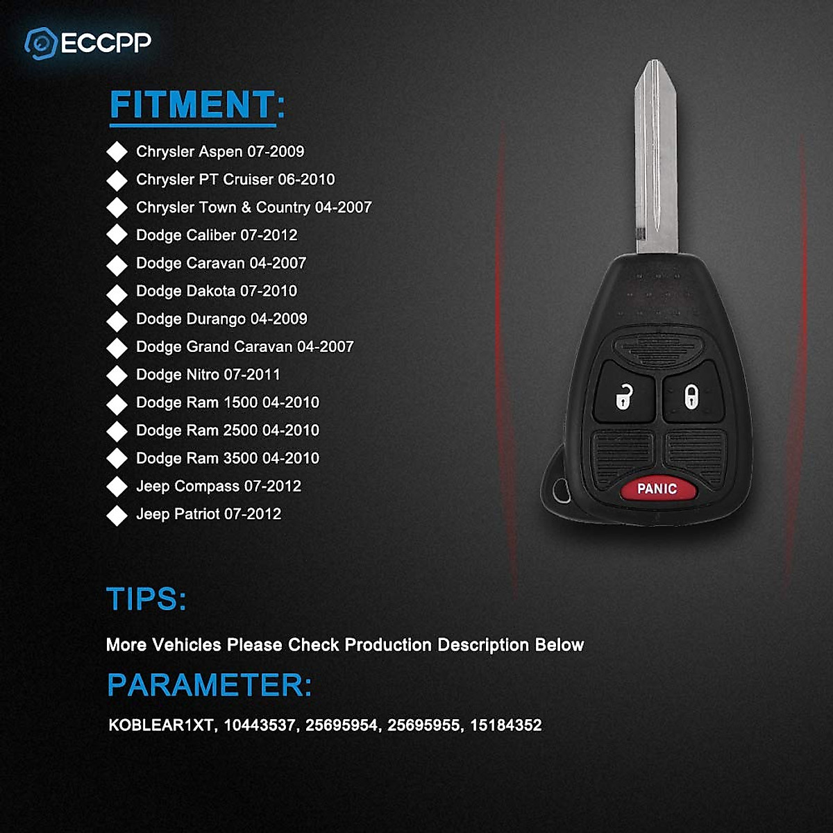 ECCPP OHT692713AA 2X Replacement fit for Uncut Keyless Entry Remote Control Car Key Fob (only Shell Case) for C hrysler for D odge for J eep Series OHT692713AA OHT692427AA OHT692714A M3N5WY72XX