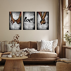 sechars Graffiti Canvas Wall Art Love Hand in Hand Painting Poster Print Abstract Pop Art for Bedroom over The Bed Decoration Lover Artwork Framed Ready to Hang 16x24inchx3PCS