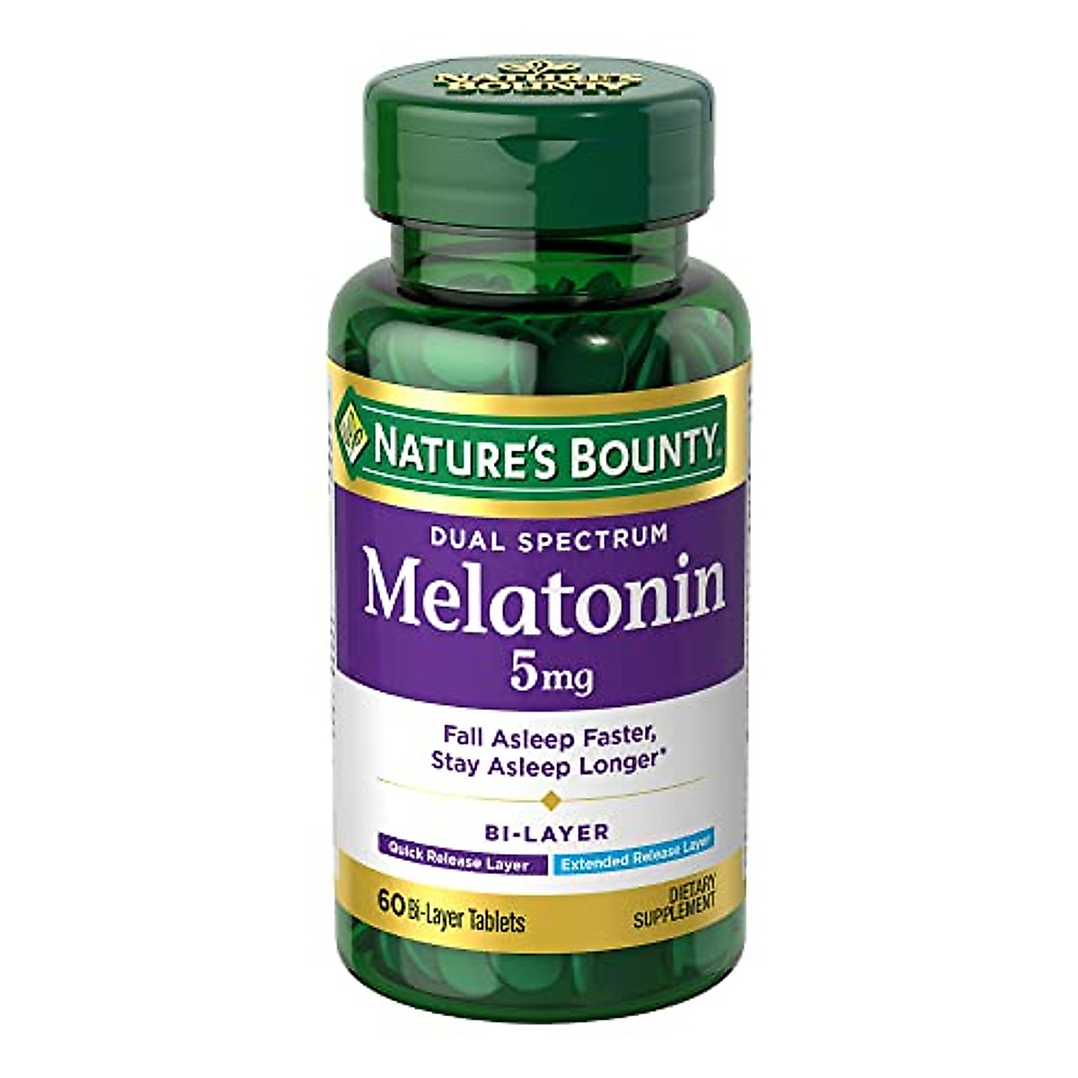 Nature’s Bounty Melatonin 5mg Dual Spectrum, 100% Drug Free Sleep Supplement, Quick Release and Extended Release, Promotes Relaxation and Sleep Health, 60 Bi-Layer Tablets