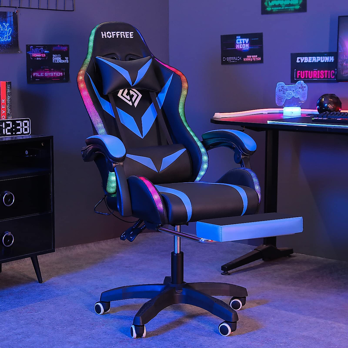 Gaming Chair with Massage and LED Lights Ergonomic Video Game Chairs with Footrest High Back Reclining Computer Chair with Adjustable Lumbar Support Blue and Black