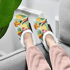 Qmxo Tropical Fruits Lemon Bird Toucan Flowers Slippers for Women and Men, Womens Coral Fleece Indoor Slippers House slippers Socks Fuzzy Feet Slippers Bedroom Slippers Non-Slip