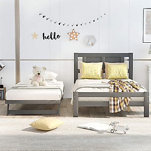 Harper & Bright Designs Full Size Platform Bed with Adjustable Trundle, Wooden Full Bed Frame with Headboard, No Box Spring Needed (Gray)