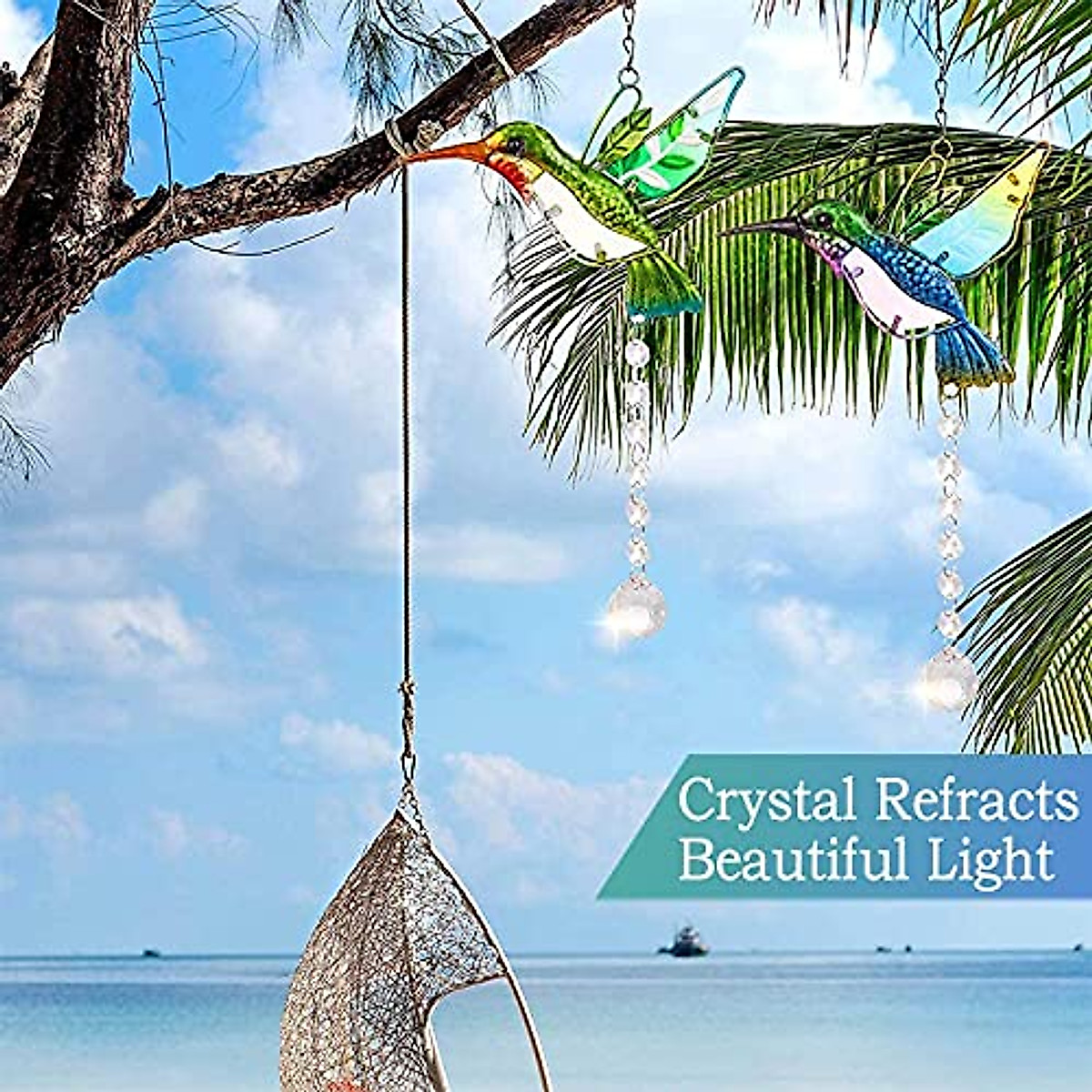 Stained Glass Hummingbird Window Hangings, Indoor Window Hanging Crystals Ornaments, Hanging Clear Crystals Ornament Decoration for Home, Garden, Office (Green)