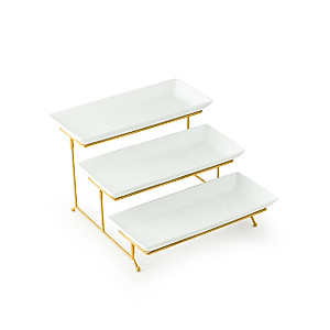 Cormomu 3 Tier Serving Tray, Tiered Serving Stand Display Set for Entertraining Dessert Table Serving Tray with Stand, White Ceramic Banquet Serving Platters for Party, 12 Inches (Gold)