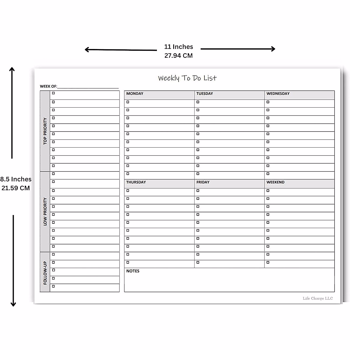 Weekly TO DO List Notepad, 50 Page Task Planner Pad w/ Daily Checklist, Priority ToDo Checkbox & Note Sections. Desk Notebook Pad to Organize Office. 11 X 8.5, A4 Sheets. Made in the USA.
