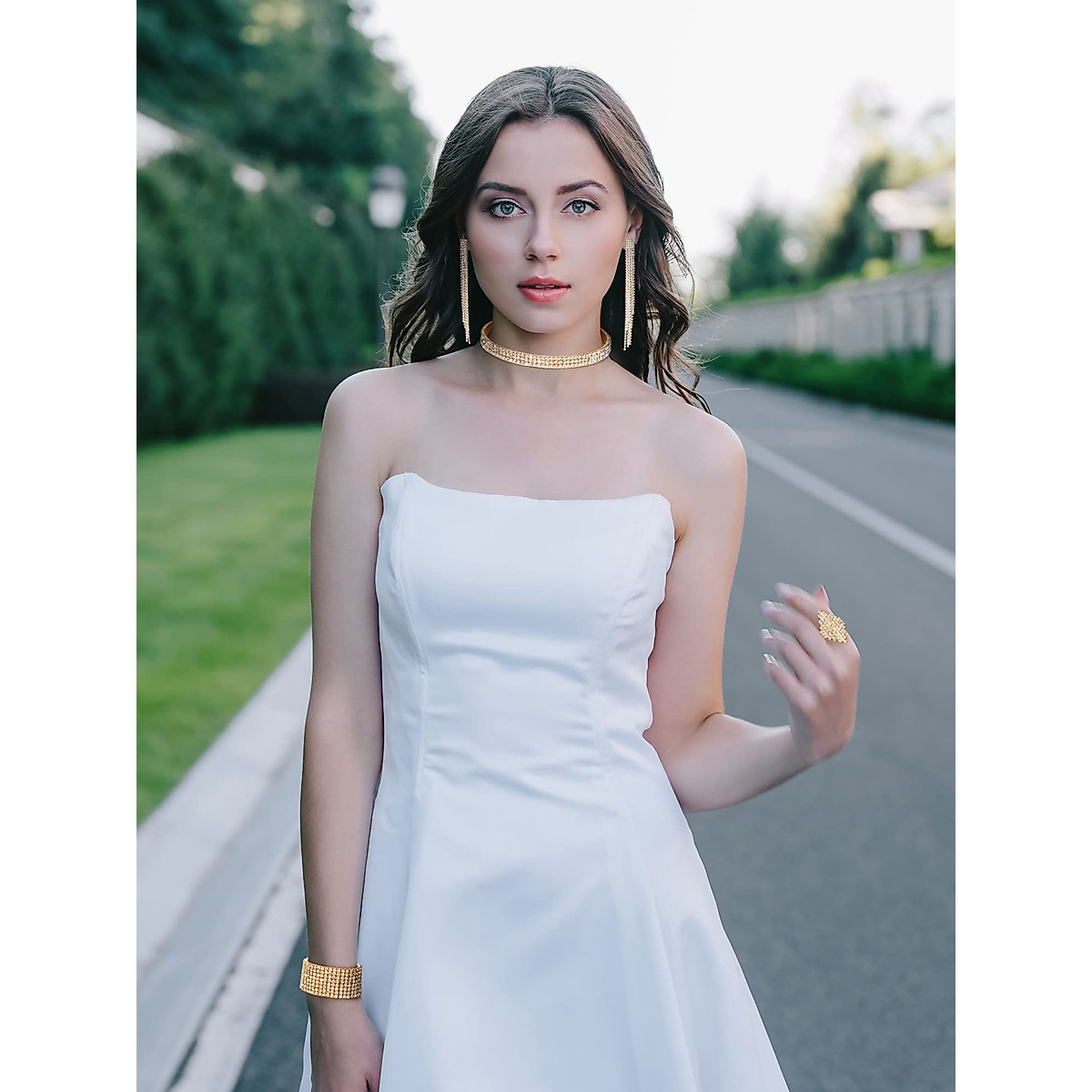 Hicarer 3 Pieces Women Rhinestone Jewelry Set Rhinestone Choker Stretch Bracelet Bangle Crystal Rhinestone Necklace Ring Dangle Fringe Earrings for Wedding Bridal Birthday Party Accessories