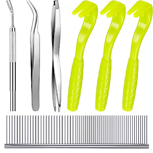 Tick Removal Tool Kit, Include 3 Pieces Plastic Removers, 3 Pieces Stainless Steel Tweezers with Comb for Dog and Cats (Fluorescent Green)