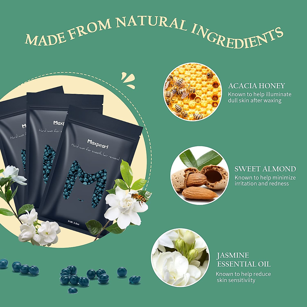 Maxpearl Hard Wax Beads, 300g Hair Removal Wax Beans for Brazilian Bikini, Face, Eyebrows, Underarms, Arms, Chest, Back, Legs, Pack of 3