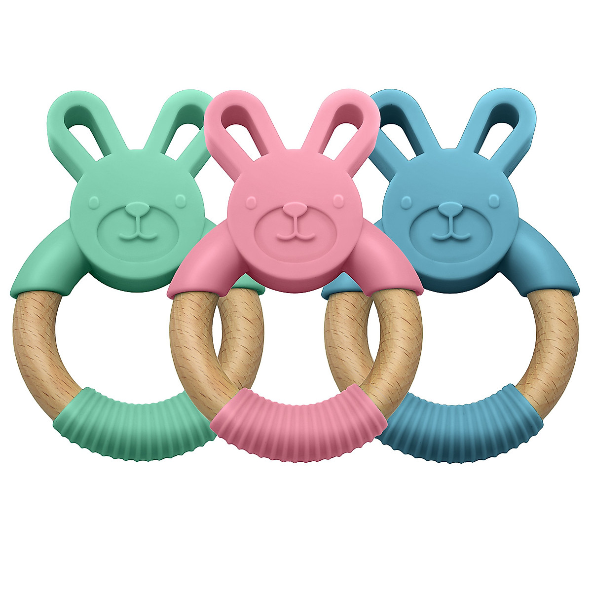 LittleFoot Nation Organic & Natural Bunny Rabbit Baby Teether Ring, 100% BPA Free Pure Food Grade Silicone & Beech Wood, Teething Pain Relief Toy for Toddlers & Infants (Blue)