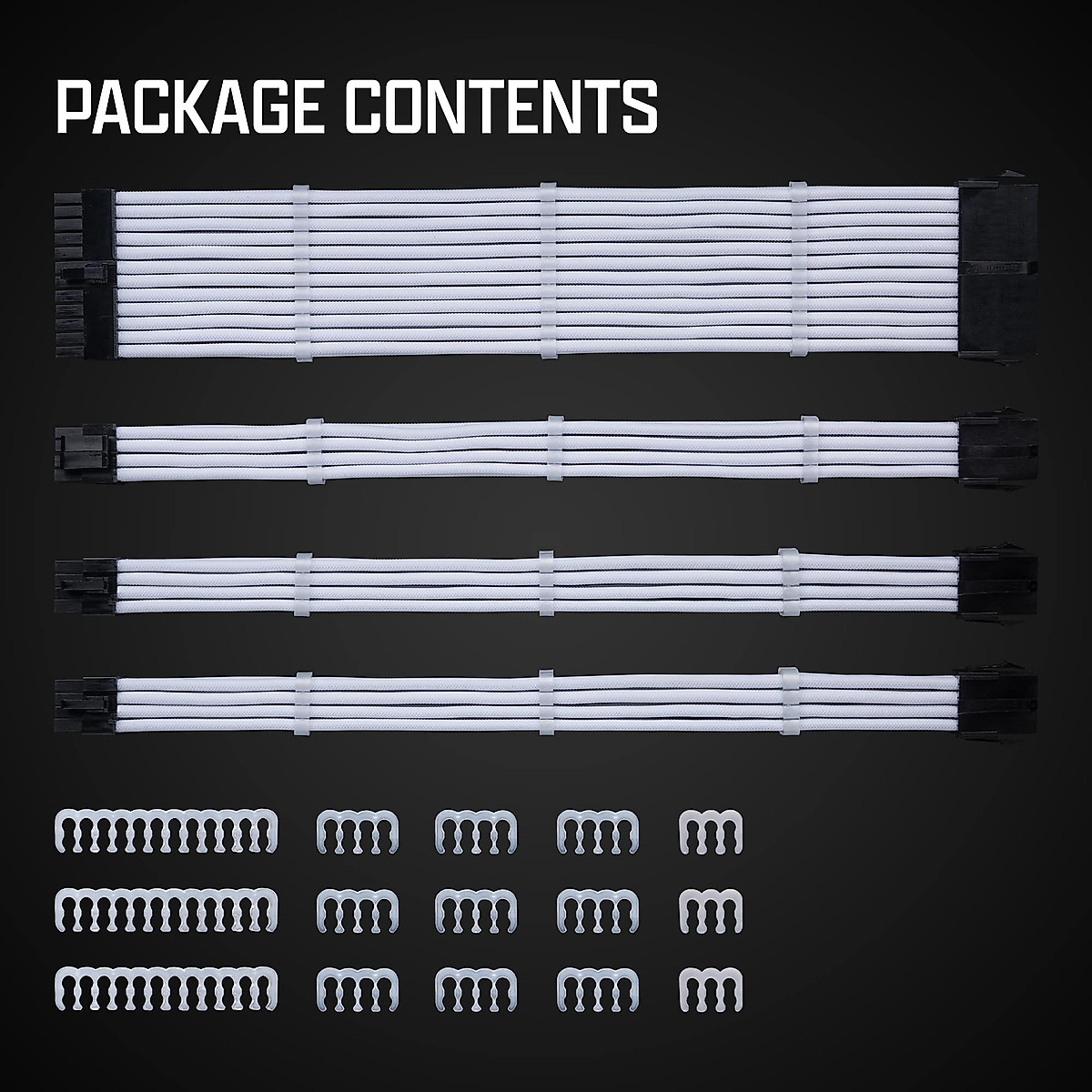 TECWARE Flex Power Supply Sleeved Cable, 16 AWG PSU Extension Cable Kit of White Connector, 1x24Pin/1x4+4 EPS/2x6+2 PCI-E, 30cm Length with Combs (Black/Gray)