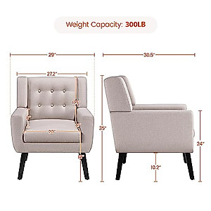 Yaheetech Accent Chair, Modern Button Tufted Armchair, Linen Fabric Sofa Chairs for Living Room Bedroom, Mid-Century Comfy Reading Chair, Beige