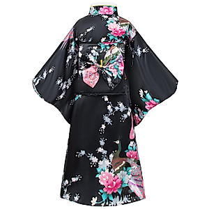 Japanese Traditional Dress Kimono Robe for Kids Girls Costume Silk Folding Fans hairstick Set(Black150cm)