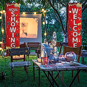 2Pcs Movie Night Party Decorations Porch Sign Banner Movie Theme Wall Decor Welcome Now Showing Movie Background Hanging Porch Sign for Home Film Backdrop Party Supplies