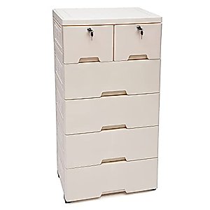 OUKANING Plastic 6 Drawers Storage Cabinet, Modern Beige PP Stackable Vertical Clothes Storage Tower for Storing Clothes, Toys, Books, and Other Items